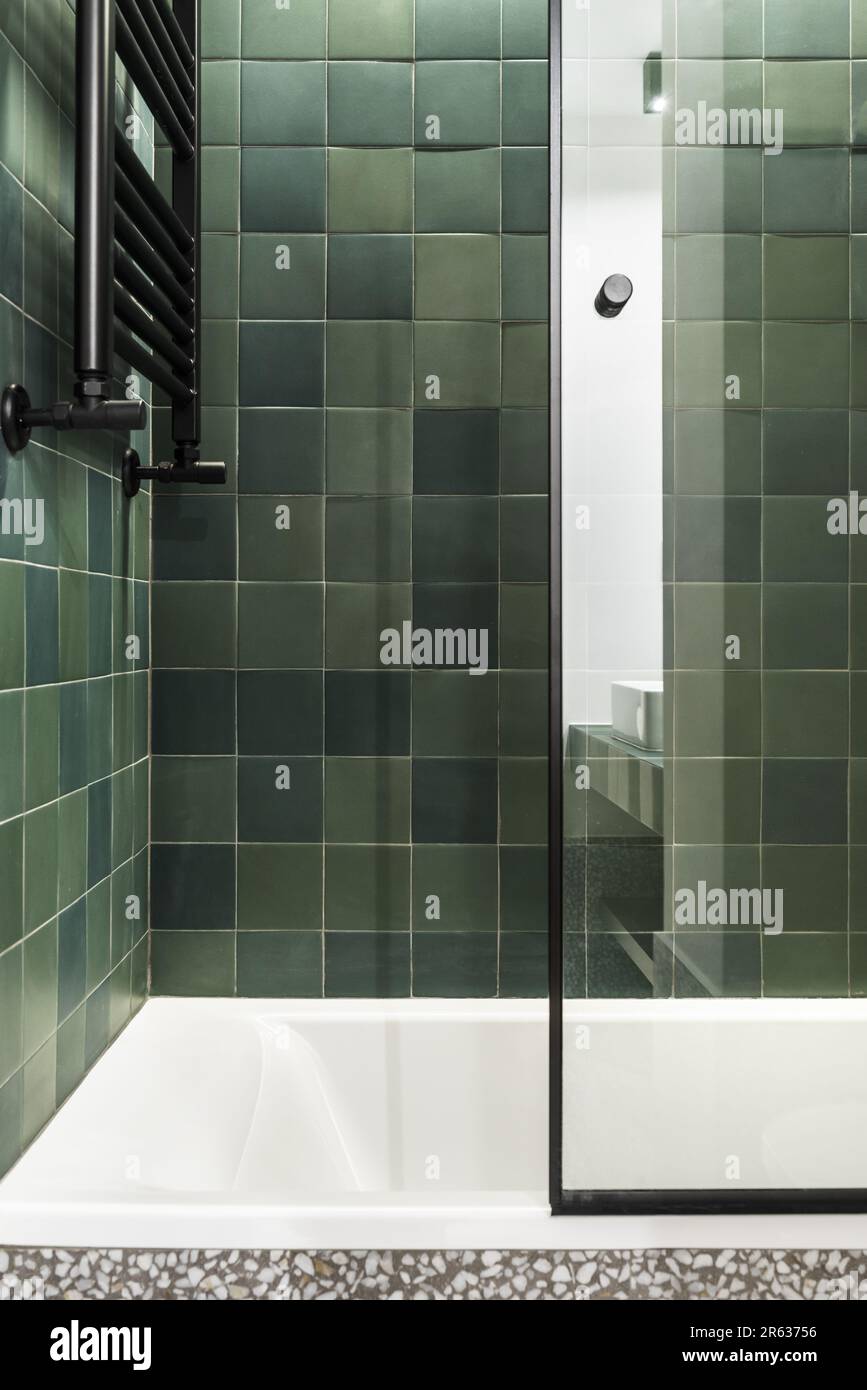 Modern designed cabin with green porcelain tiles and black accents ...