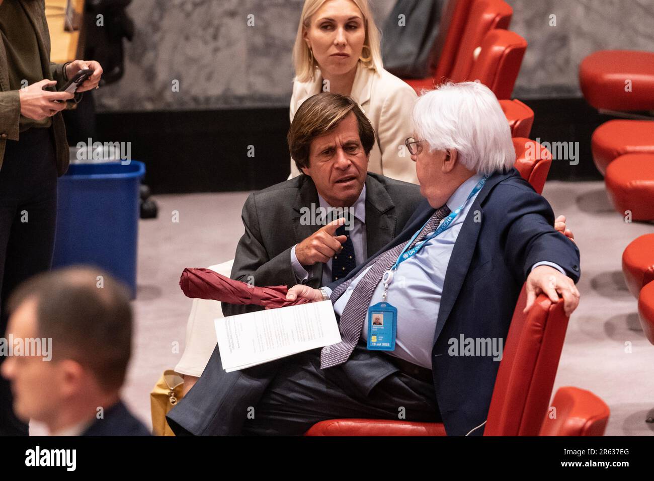France Ambassador Nicolas de Riviere and Martin Griffiths speak before ...