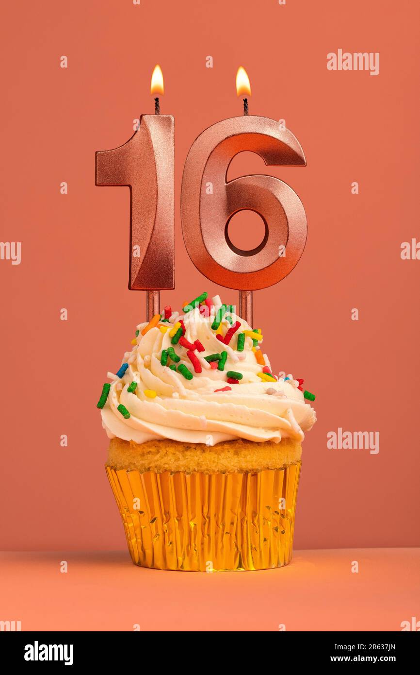 Candle number 16 - Cake birthday in coral fusion background Stock Photo ...