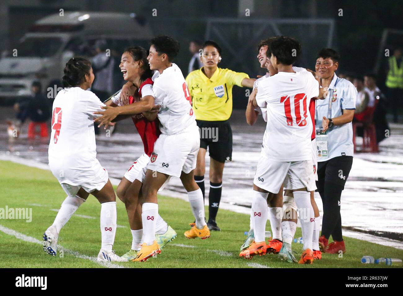 Yangon, Myanmar. 6th June, 2023. Players of Myanmar celebrate after scoring a goal during the ...