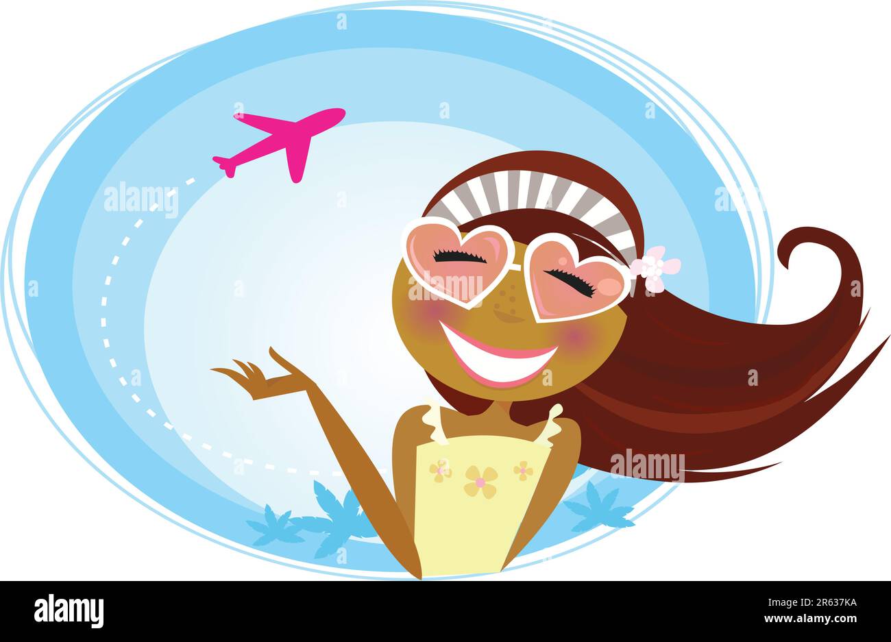 Tourist girl on airport terminal. Landing airplane silhouette in ...