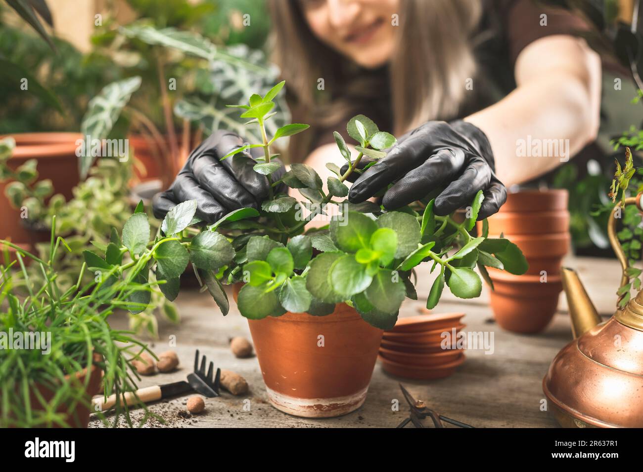Happy woman wearing protective rubber gloves enjoying the process of ...