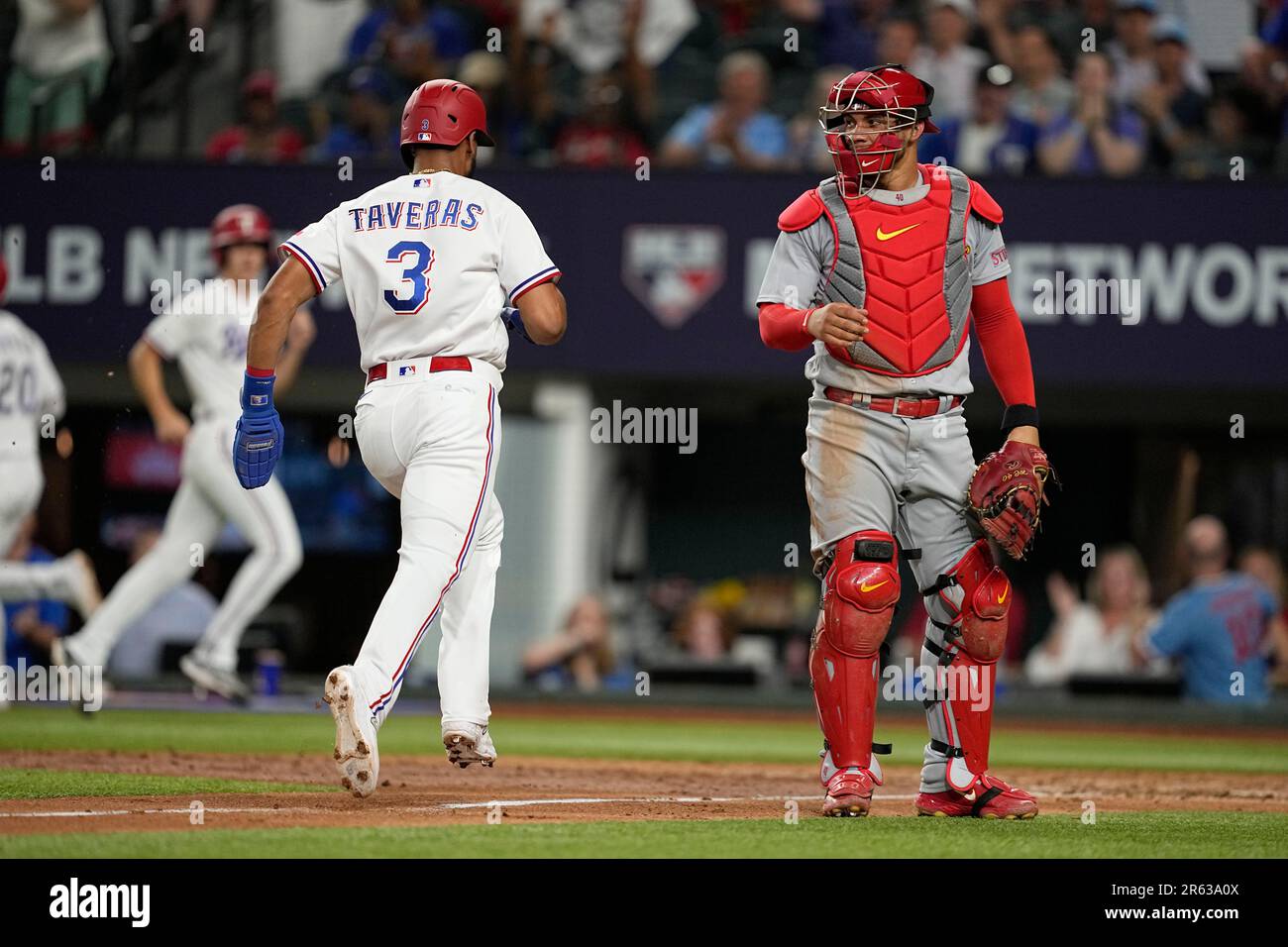 Texas Rangers' Leody Taveras (3) sprints home past St. Louis Cardinals ...