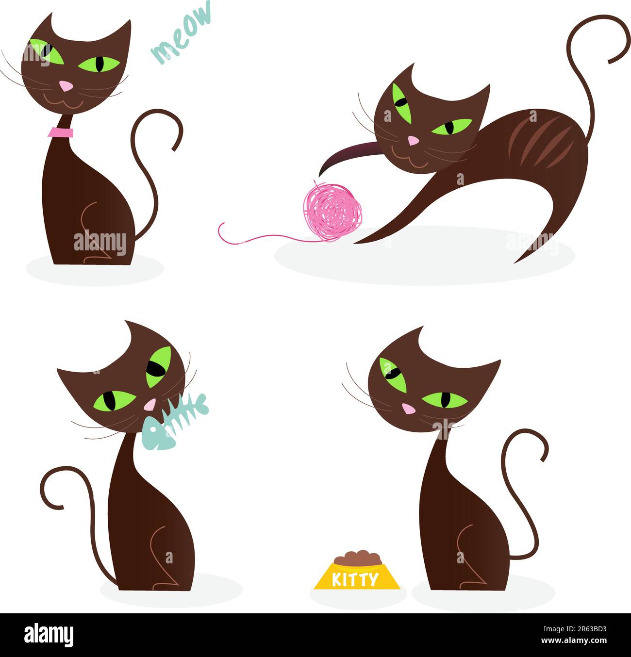 Stylized series of cartoon kitten characters in 4 different poses ...