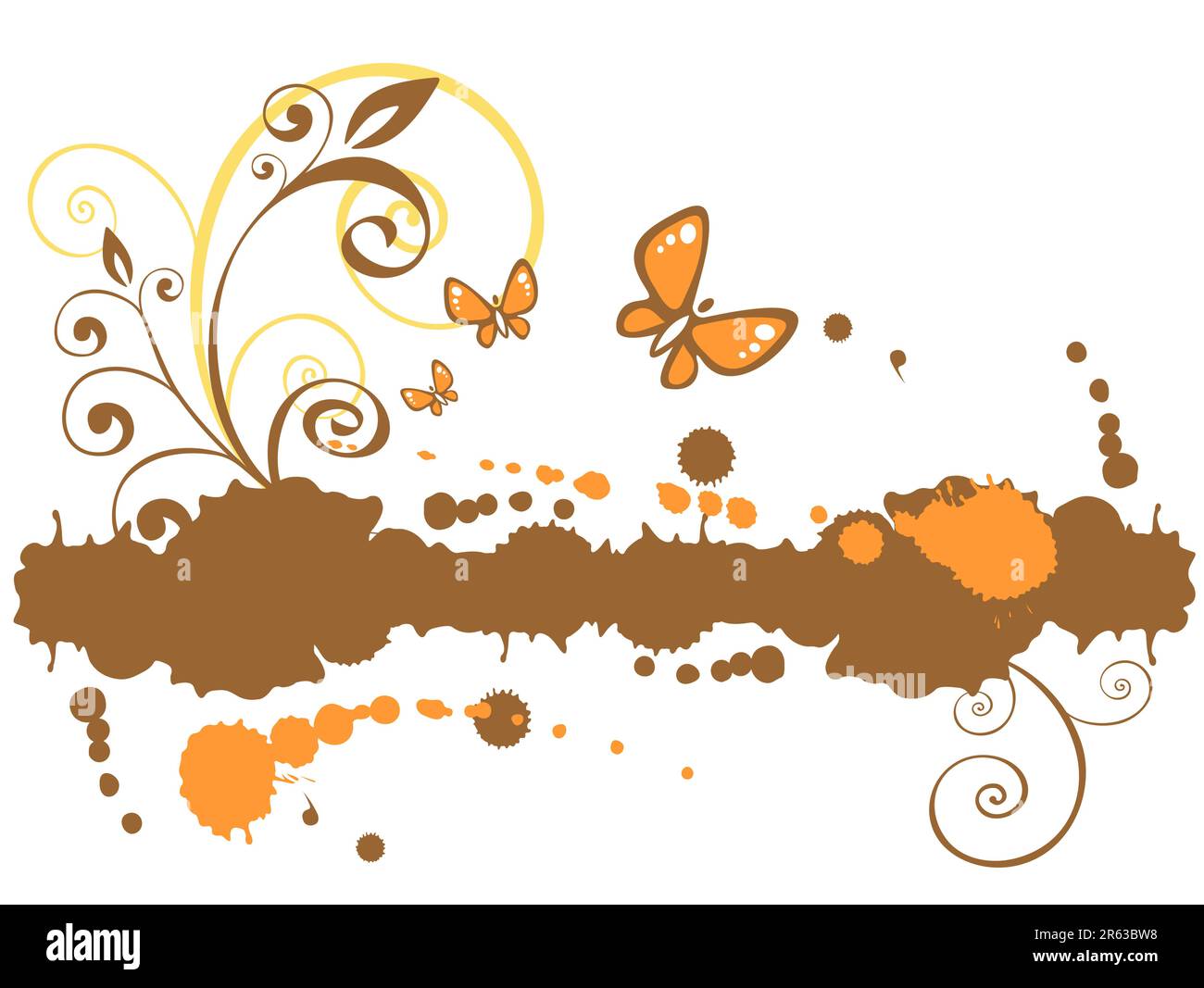 Ornate stylized plants with brown grunge pattern on a white background ...