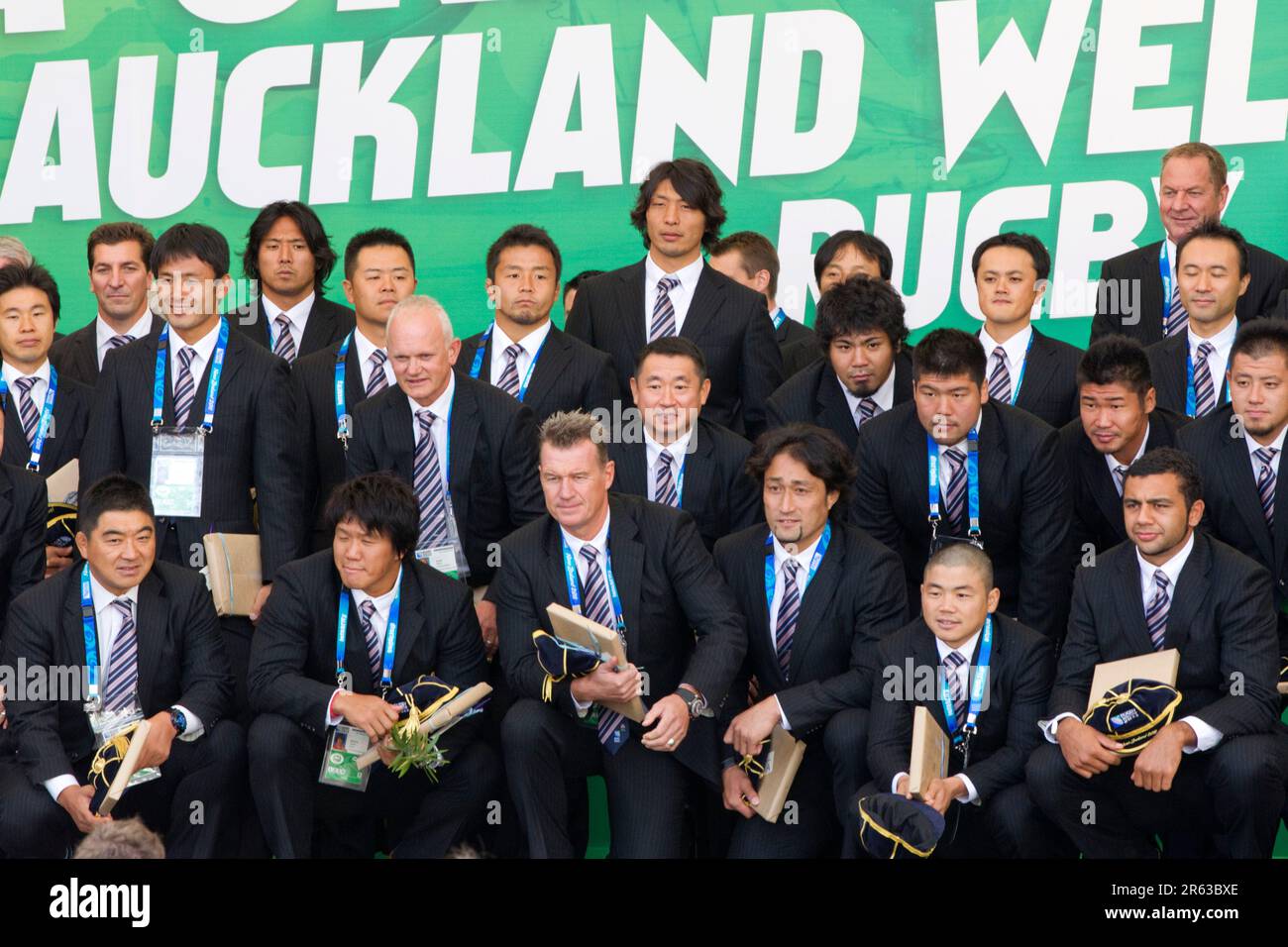 Coach John Kirwan, centre, and the Japanese Rugby Team receive the ...