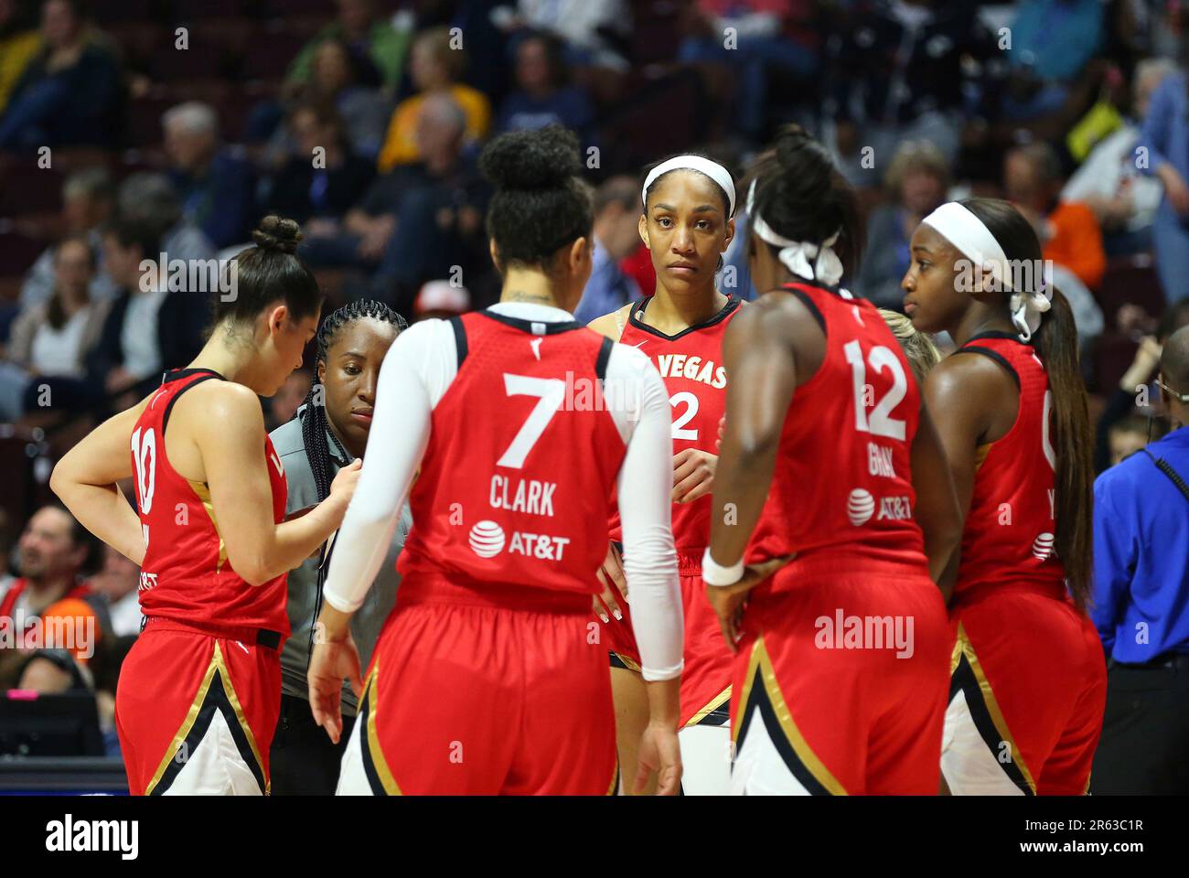 UNCASVILLE, CT - JUNE 06: Las Vegas Aces huddle during a timeout during ...