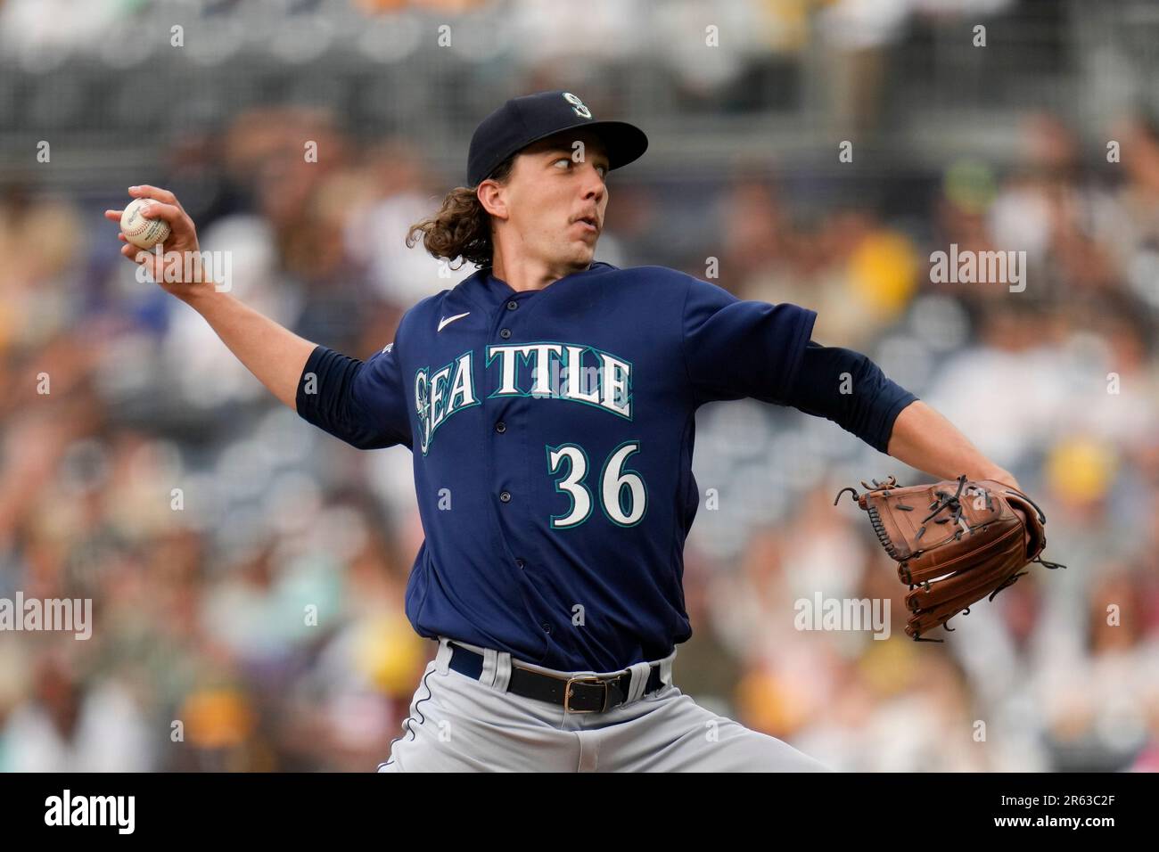 Seattle Mariners starting pitcher Logan Gilbert works against a San ...