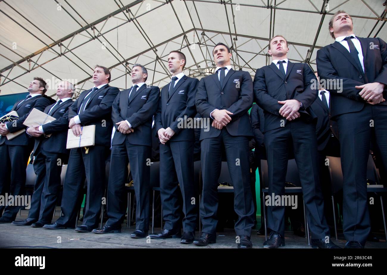 Players stand at the official welcome for the New Zealand Rugby World ...