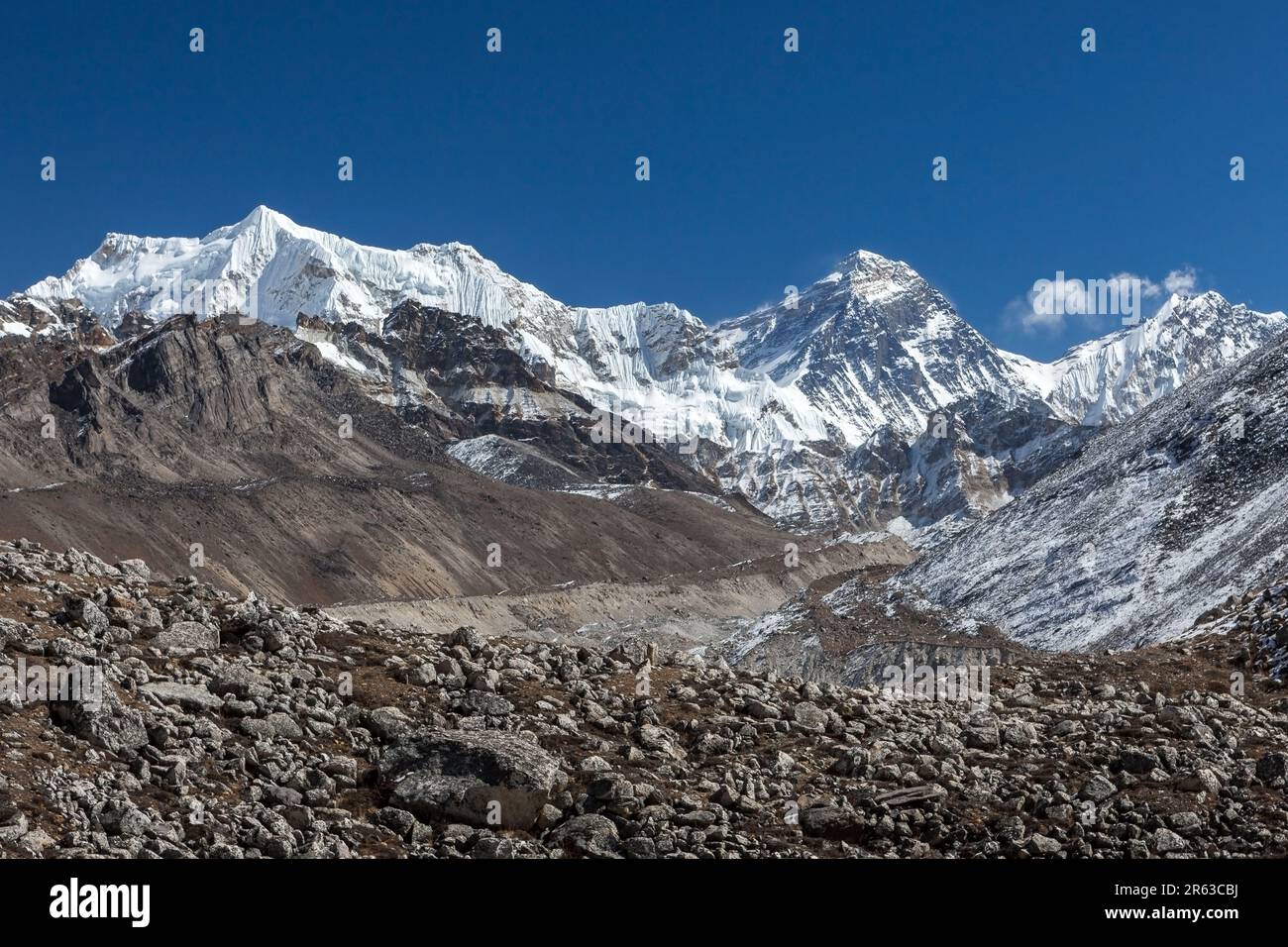 Everest mountain and Ngozumpa glacier view from Cho Oyu base camp ...