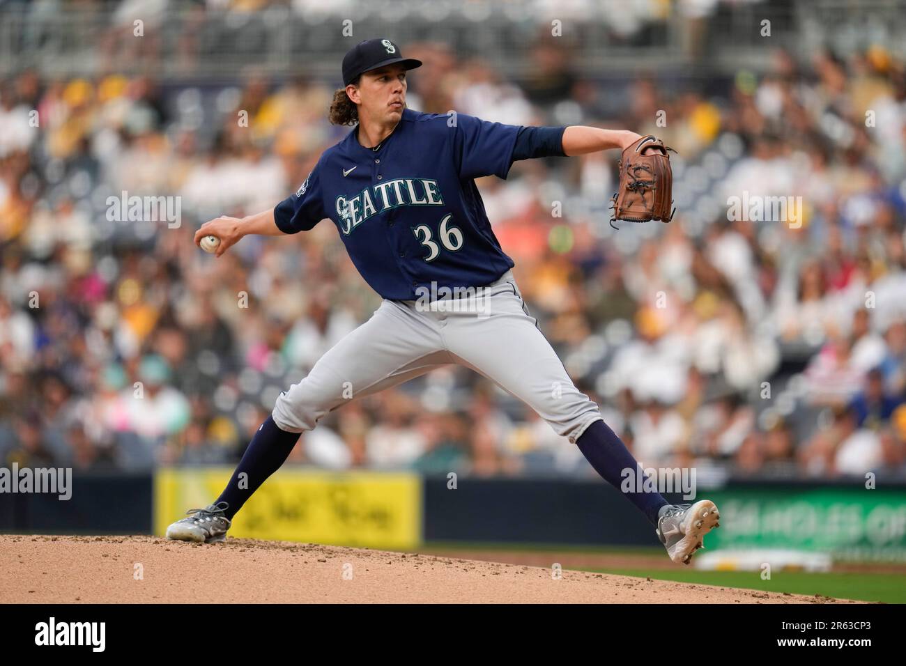 Seattle Mariners starting pitcher Logan Gilbert works against a San ...