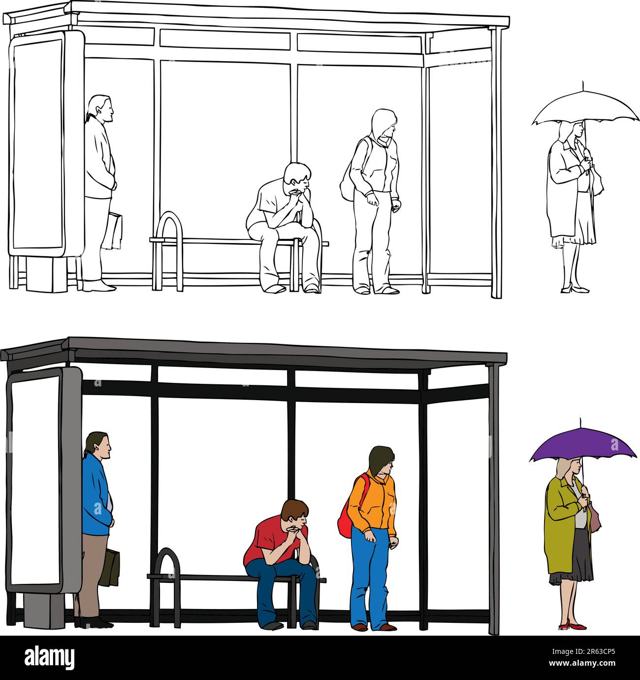 Vector sketch of bus stop with blank billboard and people waiting Stock ...
