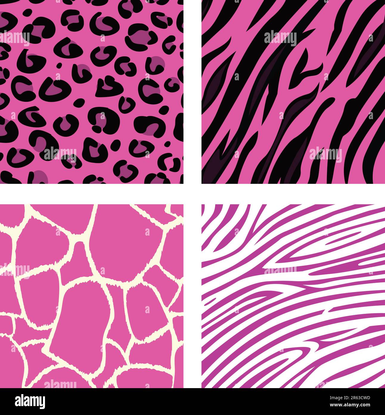 Animal print patterns of tiger, zebra, giraffe and leopard in pink ...