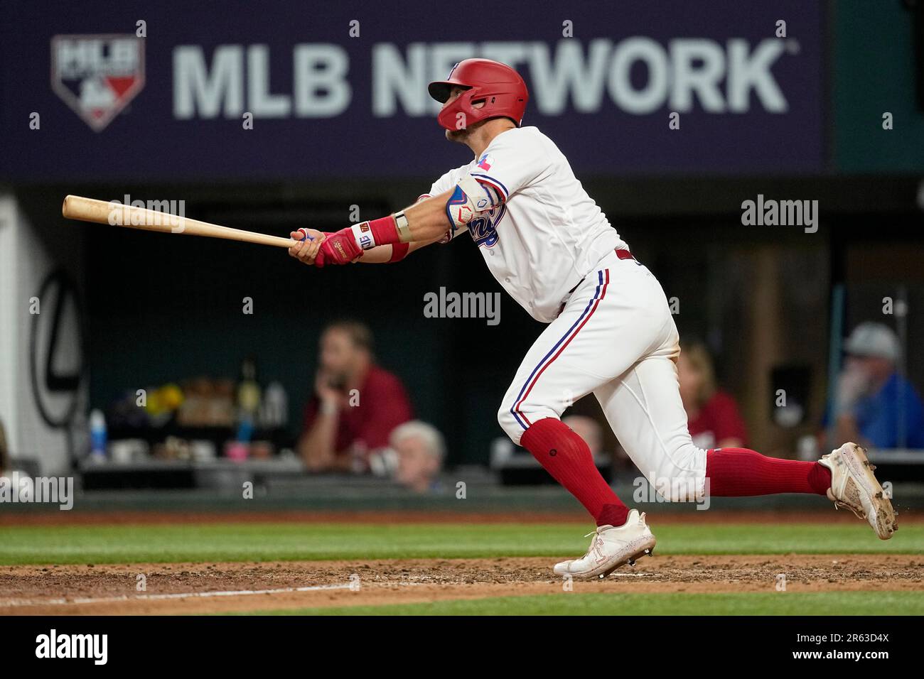 Texas Rangers' Josh Jung follows through on a double against the St ...