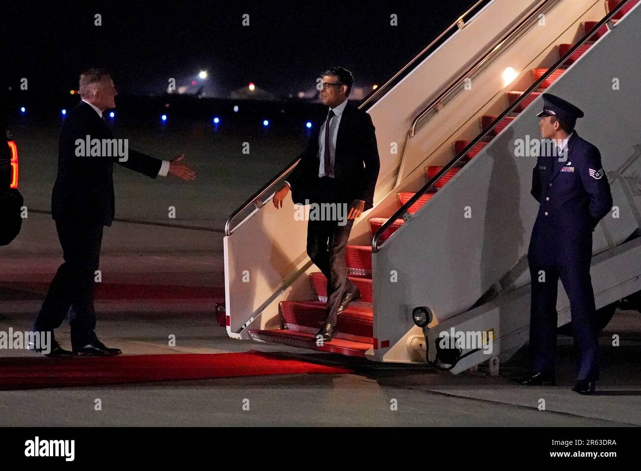 Prime Minister Rishi Sunak is welcomed by the US chief of protocol ...