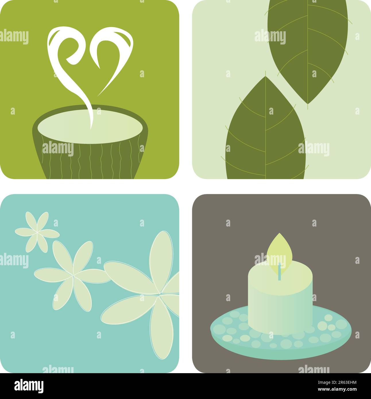 Wellness and relaxation icons. Tea, tea leafs, aromatherapy and candle ...