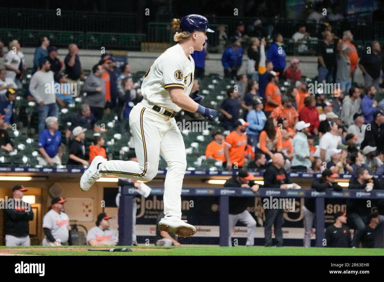 Milwaukee Brewers' Joey Wiemer celebrates after hitting a walk-off RBI ...