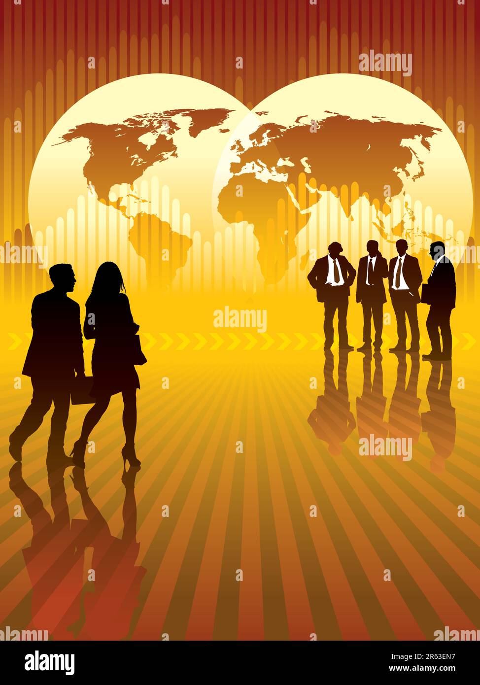Businesspeople in front of world map and graph in the background ...