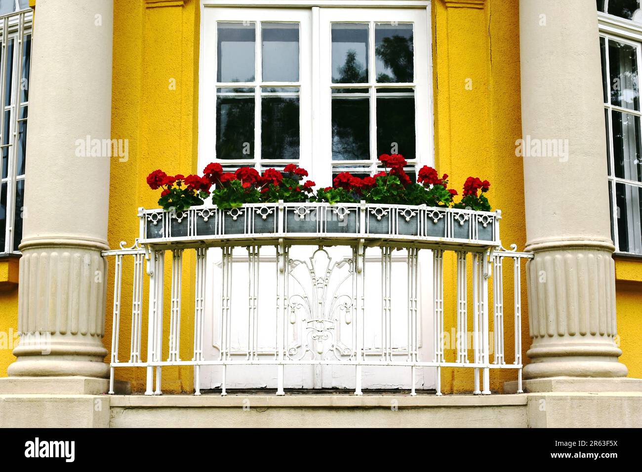 white steel picket balustrade. old French balcony. vertical white wood ...