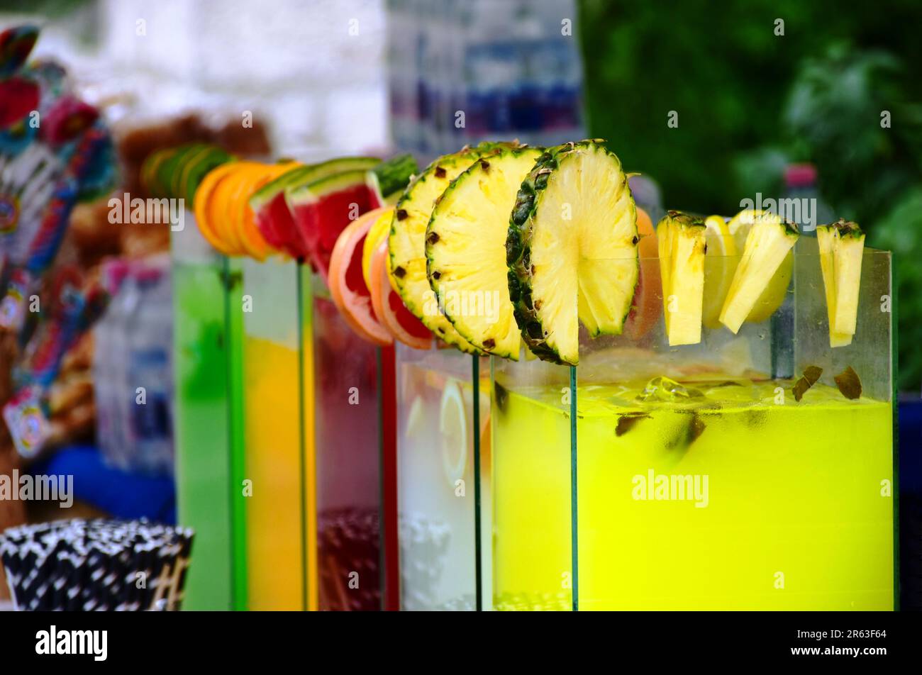 lemonade stand street vendor closeup view. glass flavored drink ...