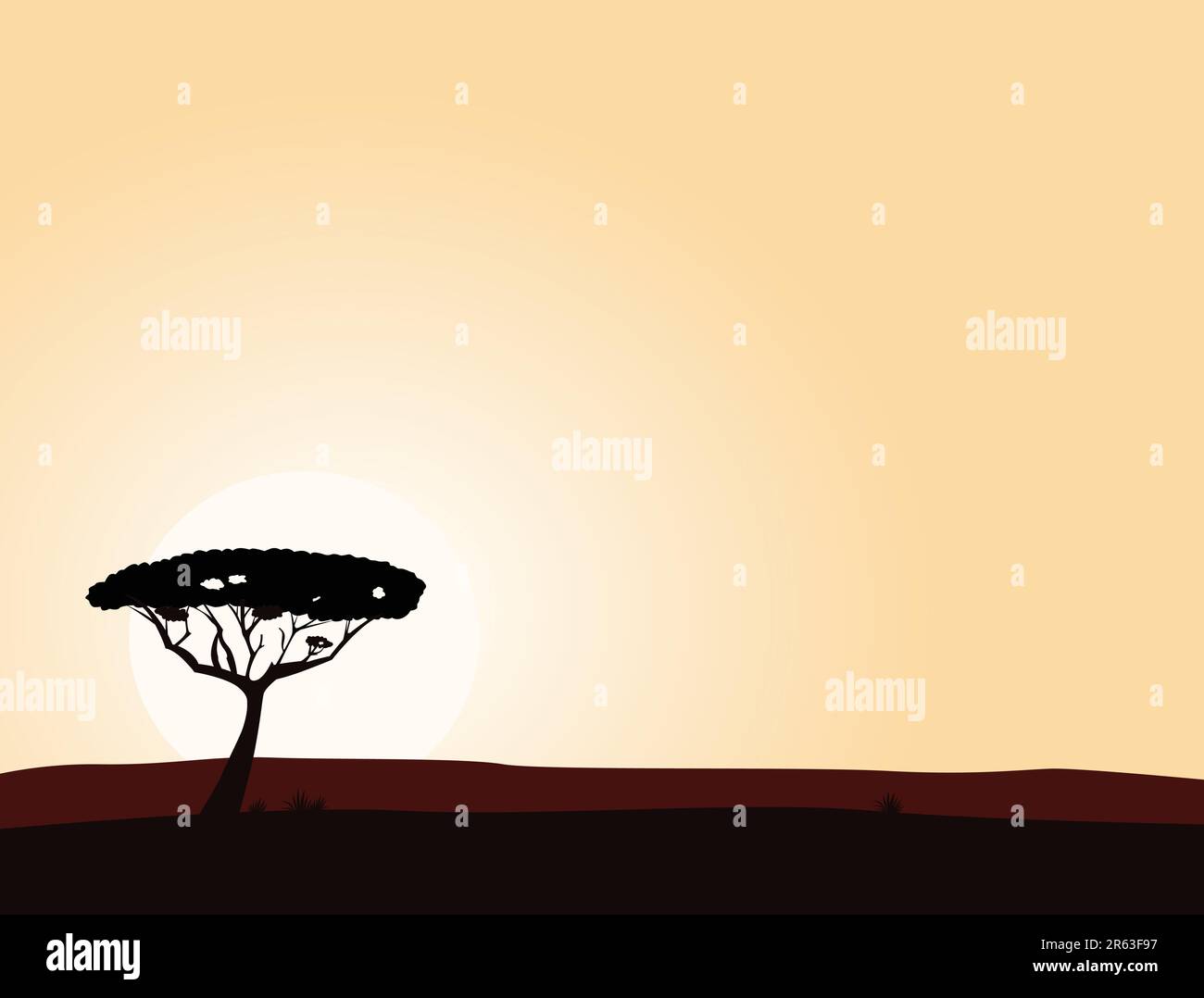 Vector illustration of black tree on yellow sunset background. Big ...