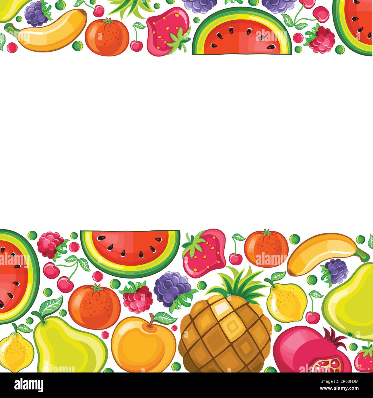 Different types of delicious fruits combined in frame. With space for ...