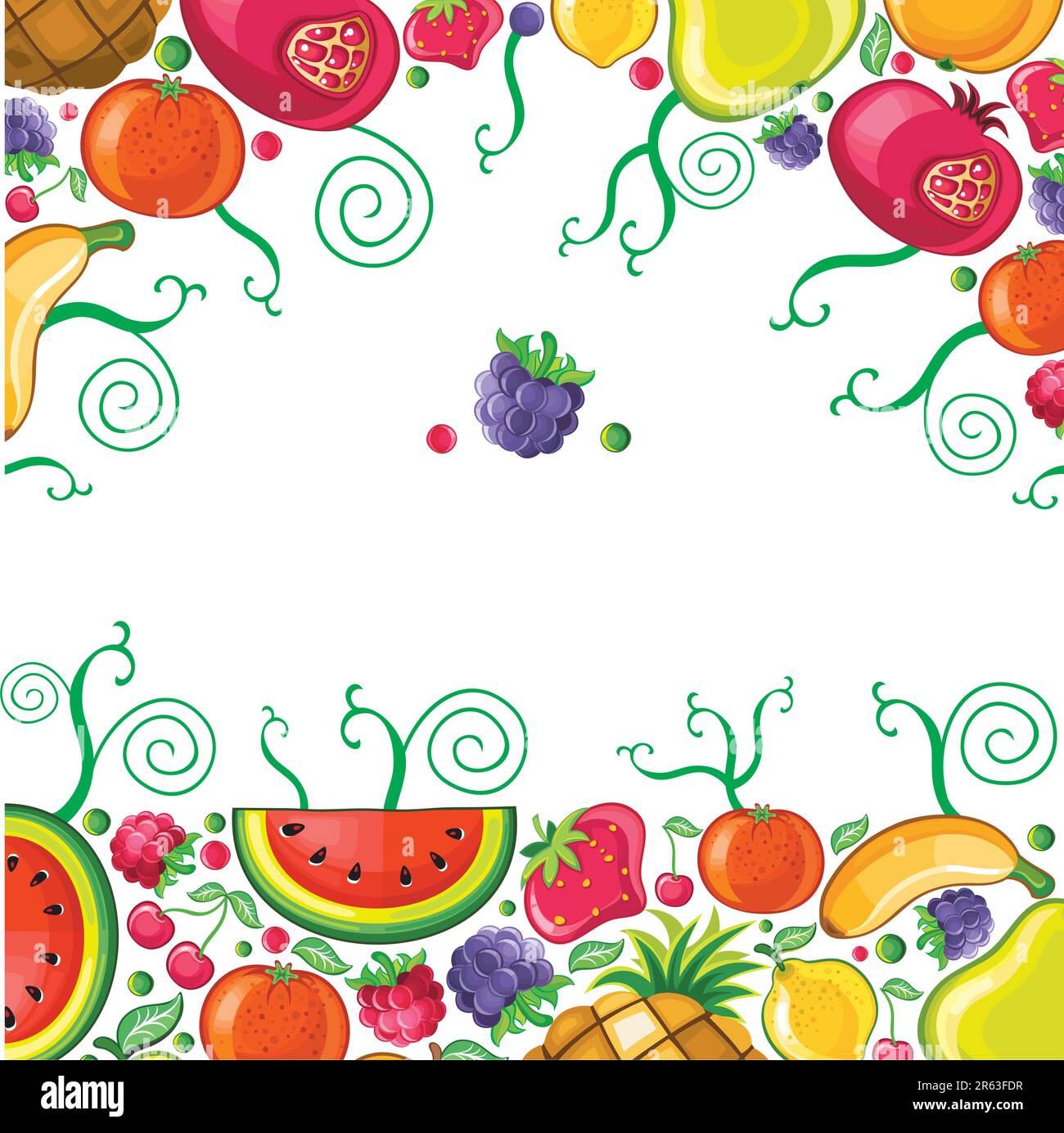 Different types of delicious fruits combined in frame. With space for ...