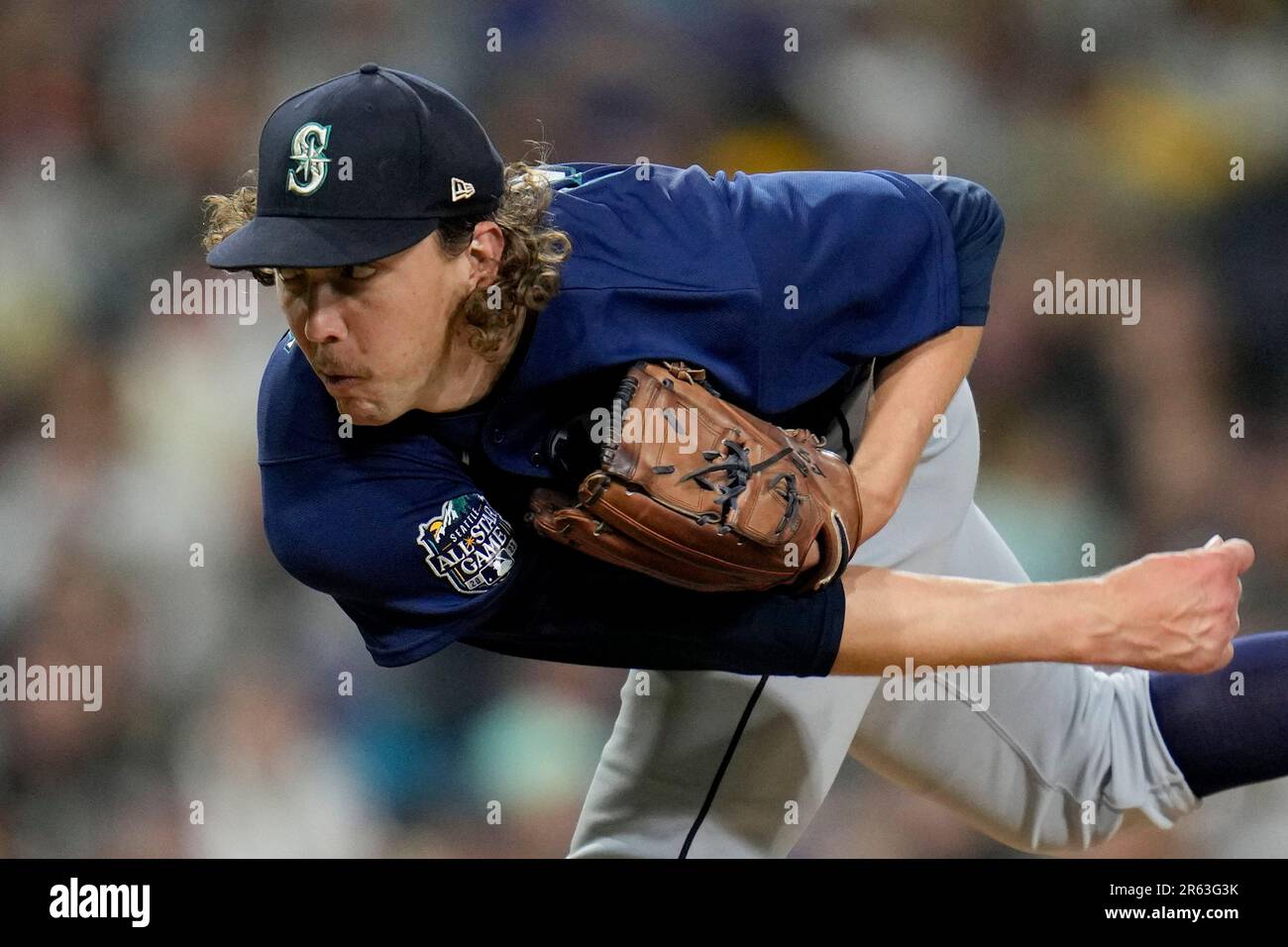 Seattle Mariners starting pitcher Logan Gilbert works against a San ...