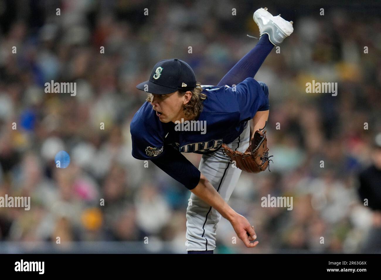 Seattle Mariners starting pitcher Logan Gilbert works against a San ...