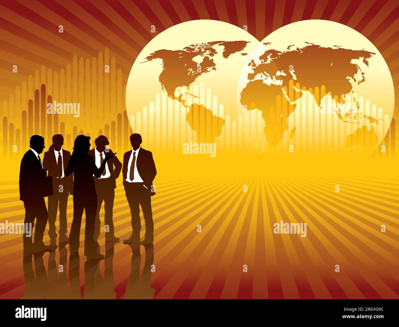 People are talking, world map and graph in the background, conceptual ...