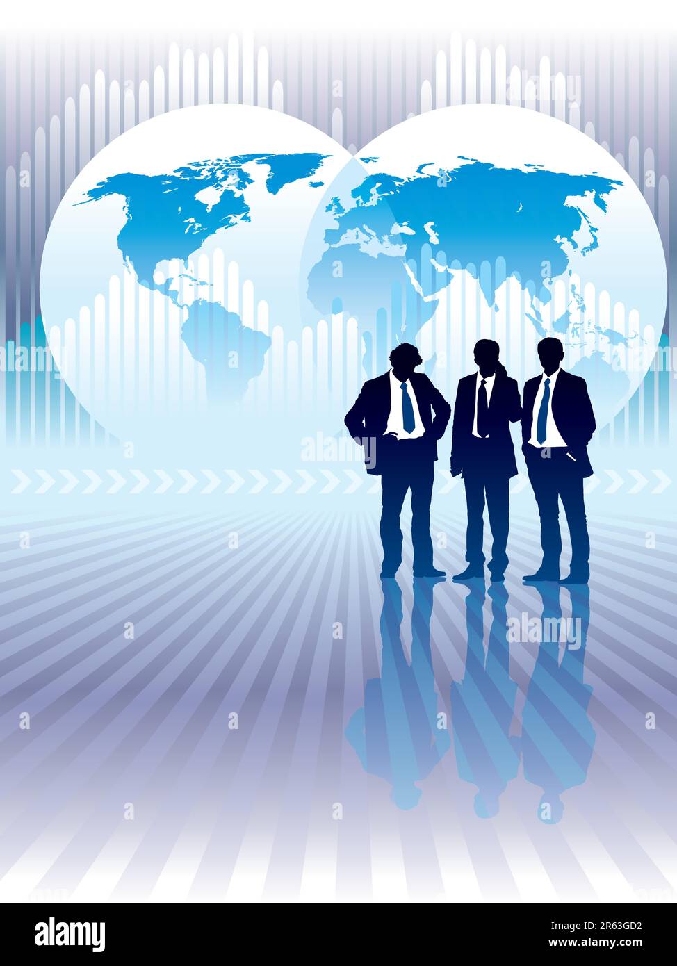 People are standing, world map and graph in the background, conceptual ...