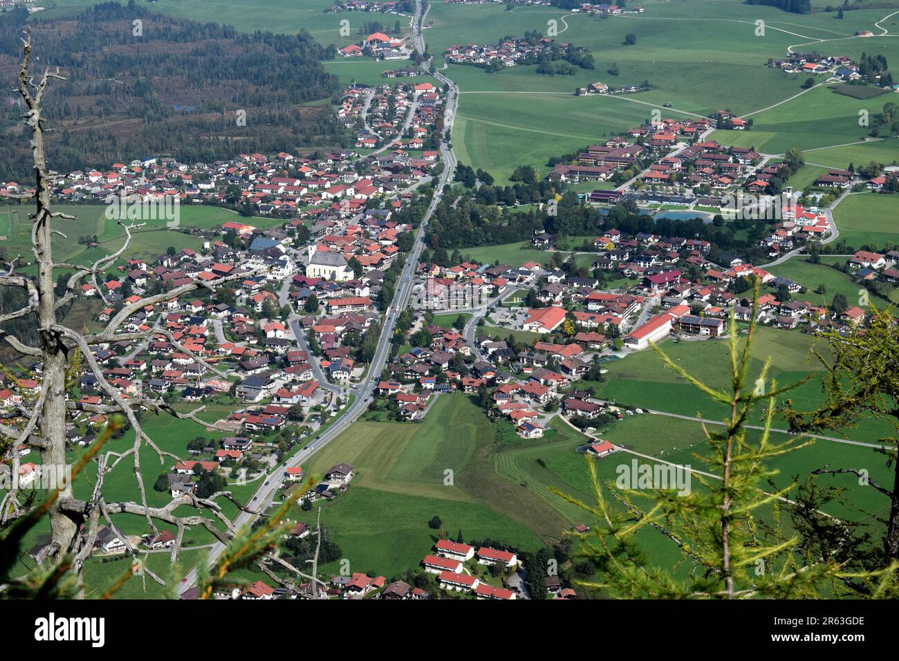 Bird's eye view of the village of Inzell in the Bavarian Alps, Chiemgau ...