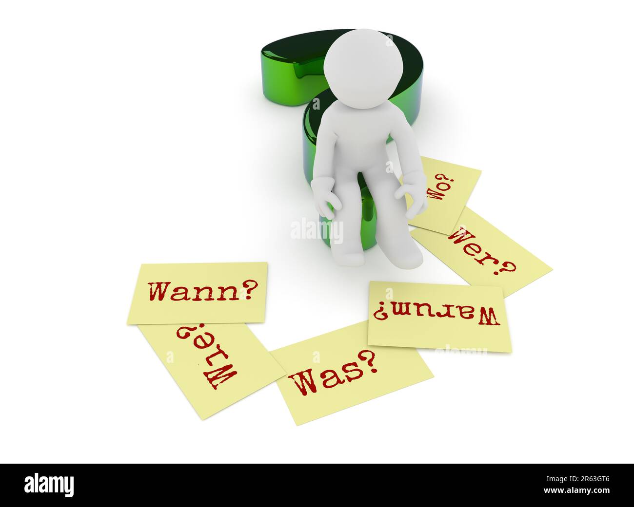 Small character sitting on a glossy green question mark, six sticky ...