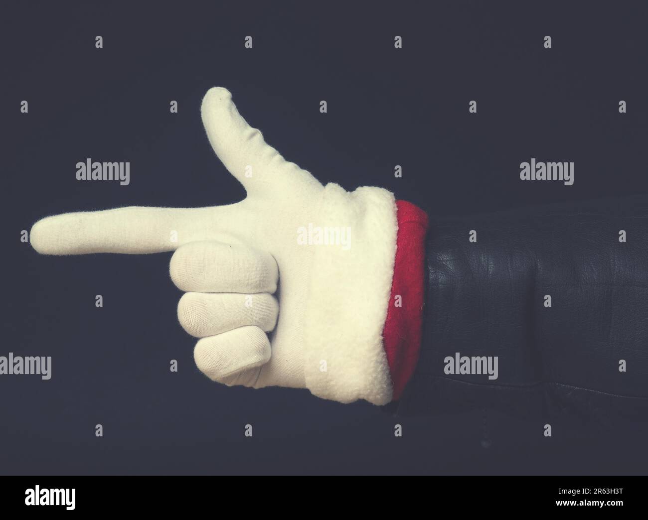 Arm of Santa with a leather jacket on a dark background, modern flat ...