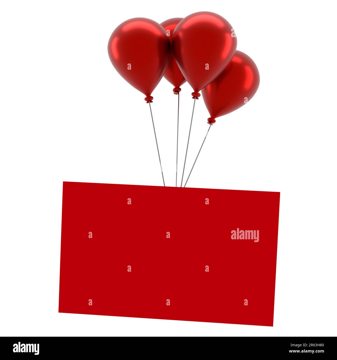 Four shiny red balloons with a blank red card on a white background, 3d ...