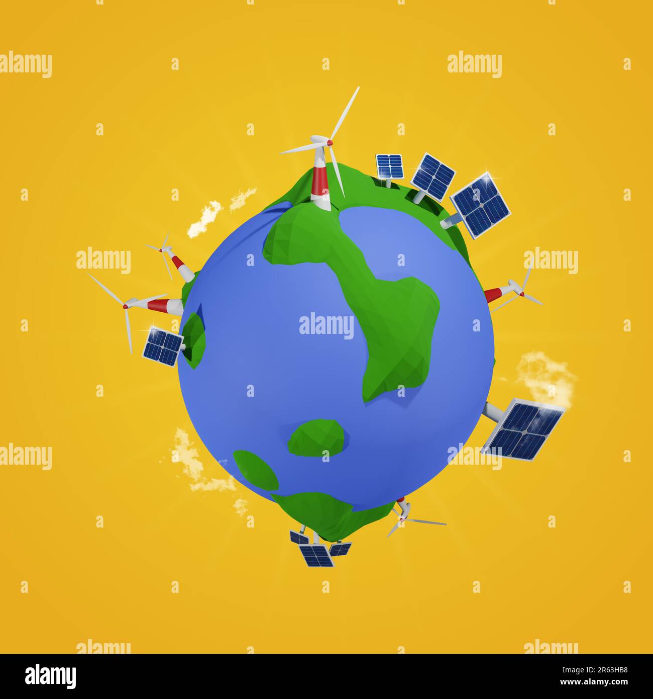 Alternative energy concept with sun power and wind energy, 3d rendering ...
