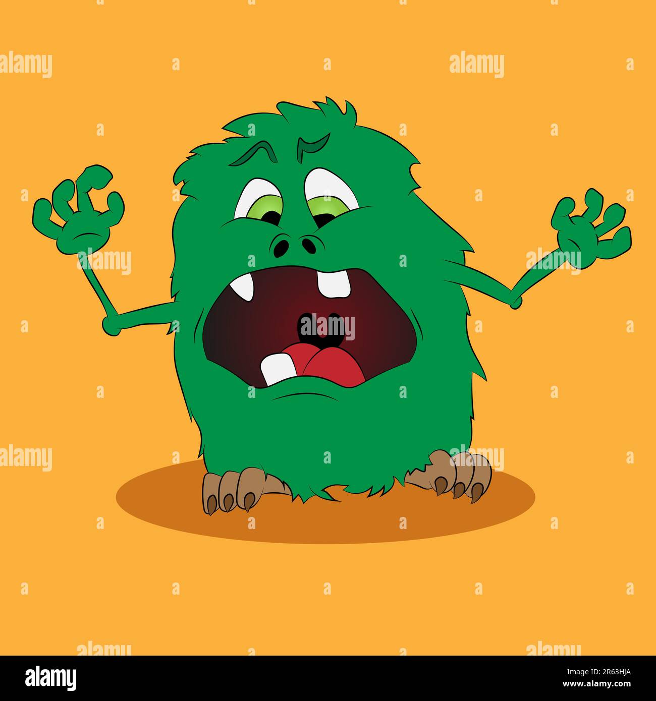 Comic illustration of a cute green monster on an orange background ...