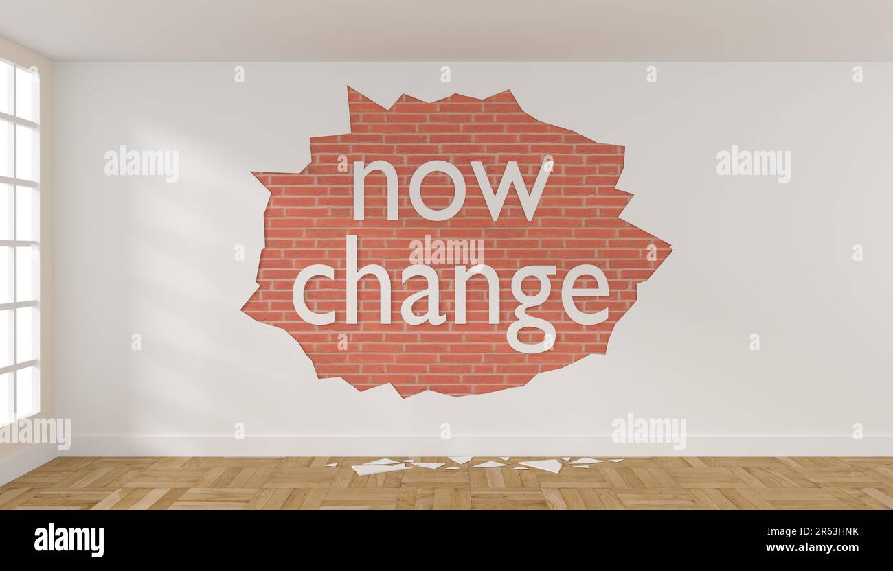 Room with crumbling plaster on the wall and the words now change, 3d ...