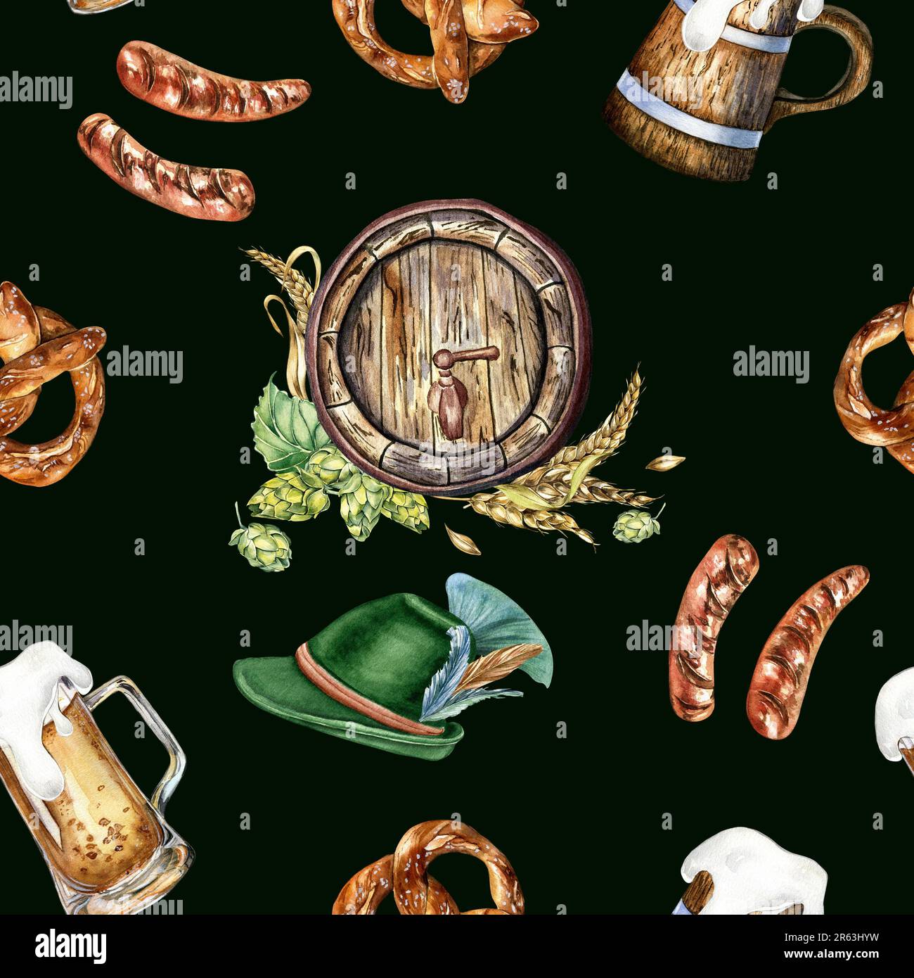 Wooden Beer Barrel And Mug German Hat Watercolor Seamless Pattern