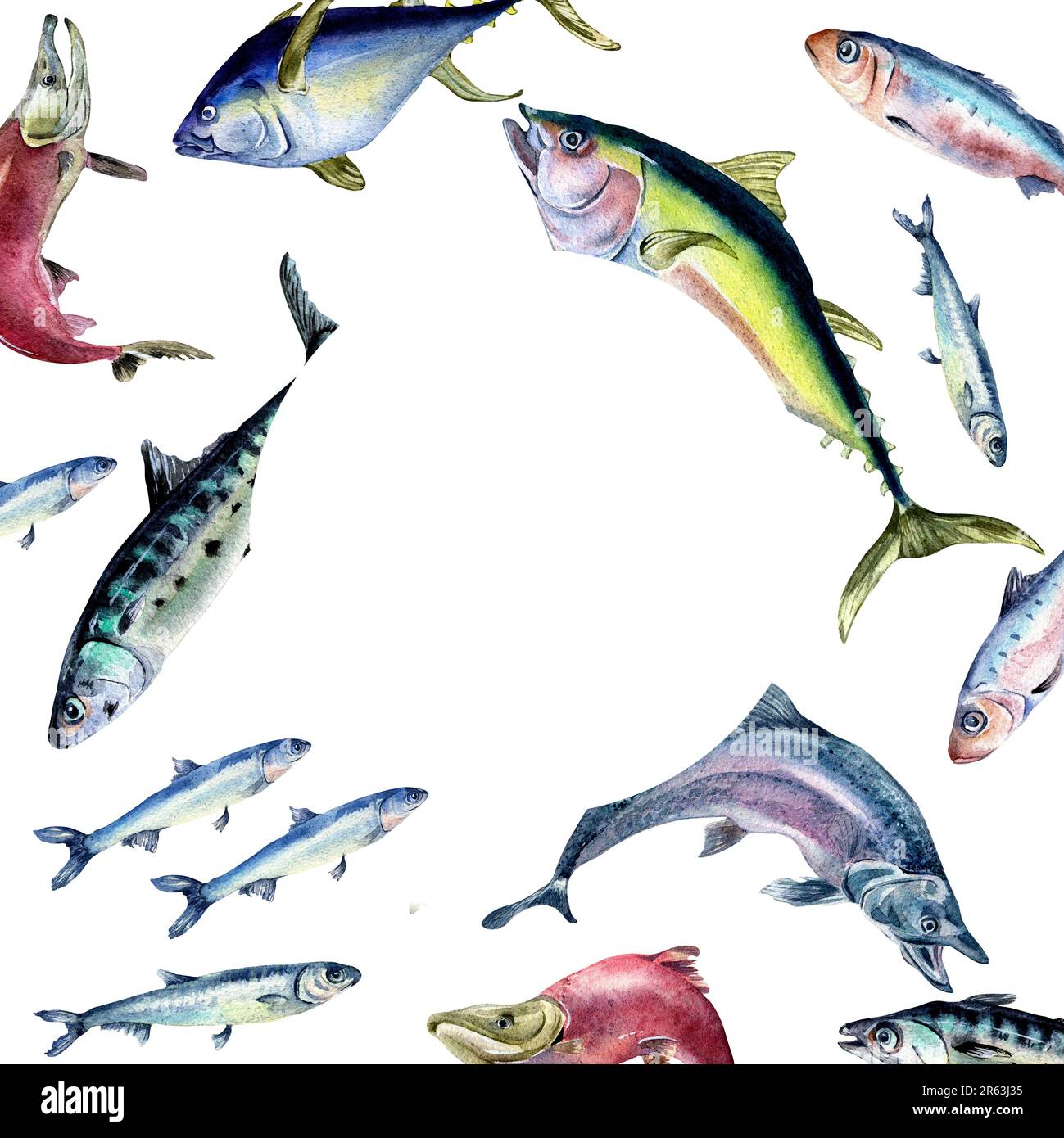 Frame of various fresh sea fish watercolor illustration isolated on ...