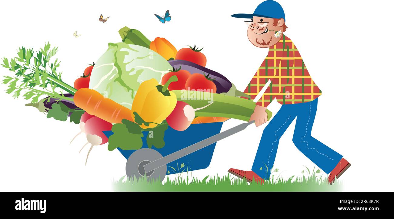 Vector cartoon of a happy farmer conveying a full wheelbarrow of ...
