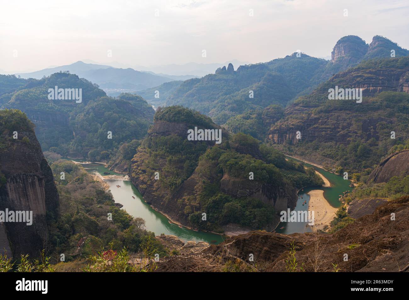 Scenic landscape of Wuyi Mountains peaks and the River of Nine Bends ...