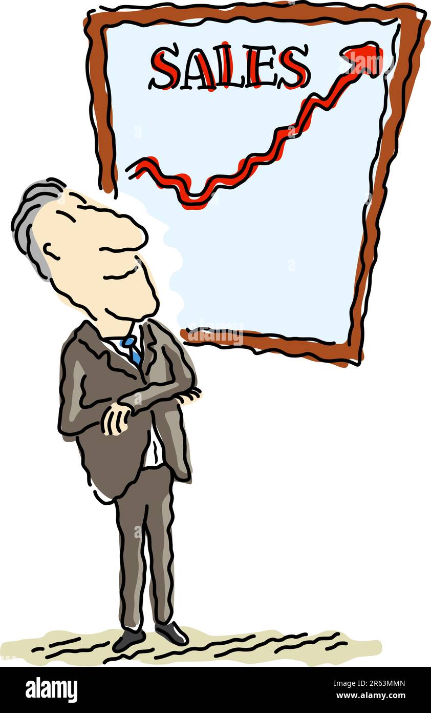 Vector illustration of a happy businessman viewing company sales, which ...