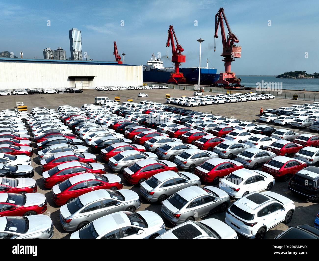 LIANYUNGANG, CHINA - JUNE 7, 2023 - Ro-ro wheels are parked at a berth ...