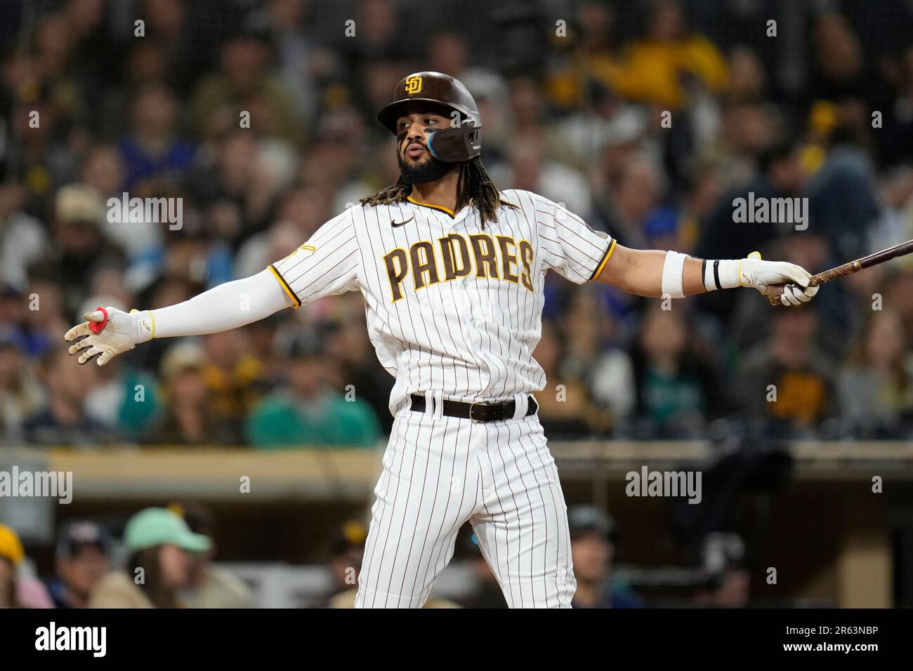 San Diego Padres' Fernando Tatis Jr. reacts on his way to striking out ...