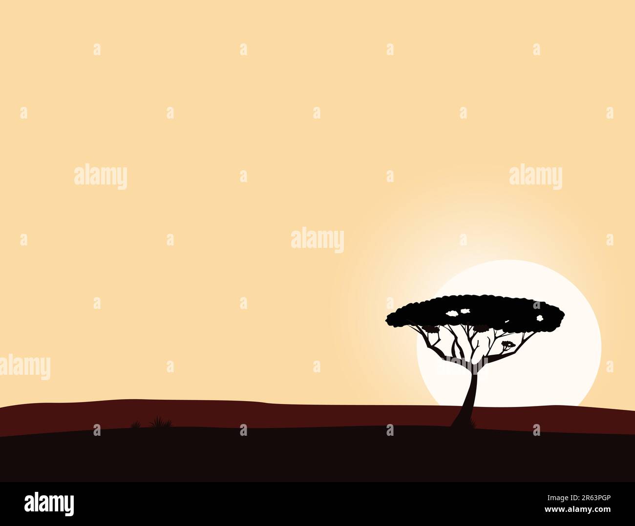 Vector illustration of black tree on yellow sunset background. Big ...