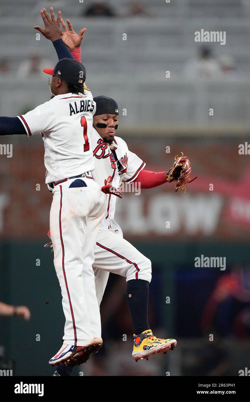 Atlanta Braves right fielder Ronald Acuna Jr., right, and second ...