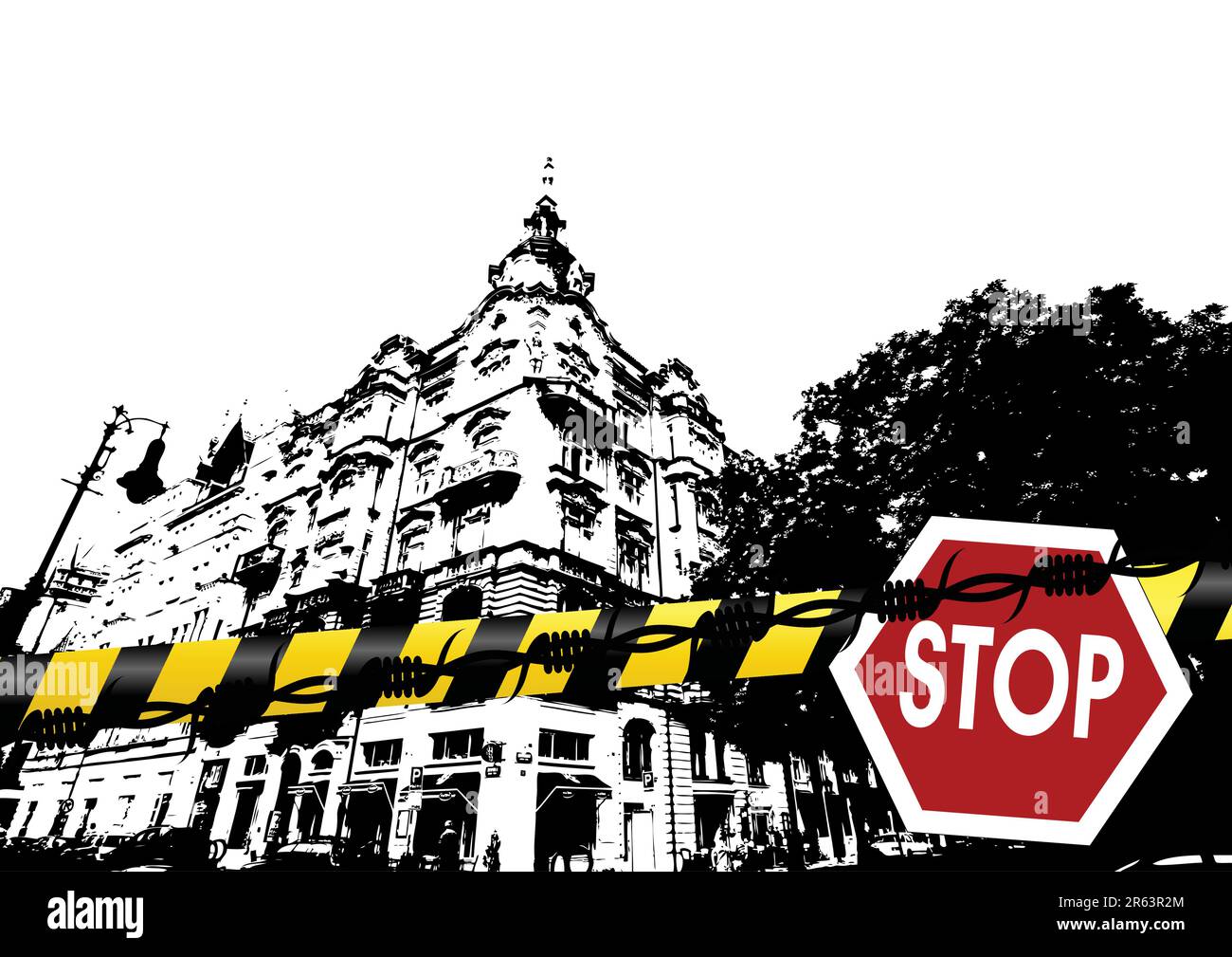 Grunge city scenery with barbed wire police lines and traffic sign ...