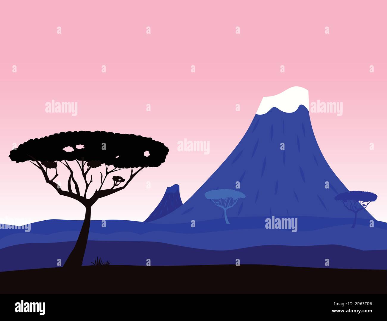 Dark blue african background. Volcano crater, trees silhouette and pink ...