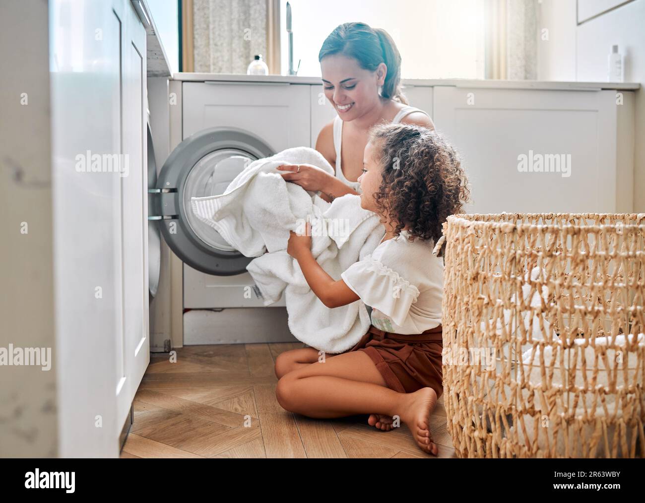 Help, laundry and washing machine with mother and daughter for cleaning ...